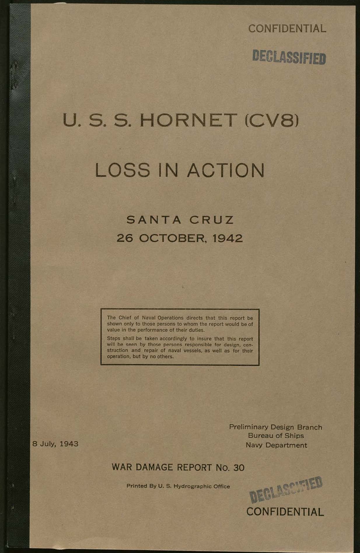 War Damage Report No. 30: U.S.S. Hornet (CV8) Loss in Action, 1943 Jul ...